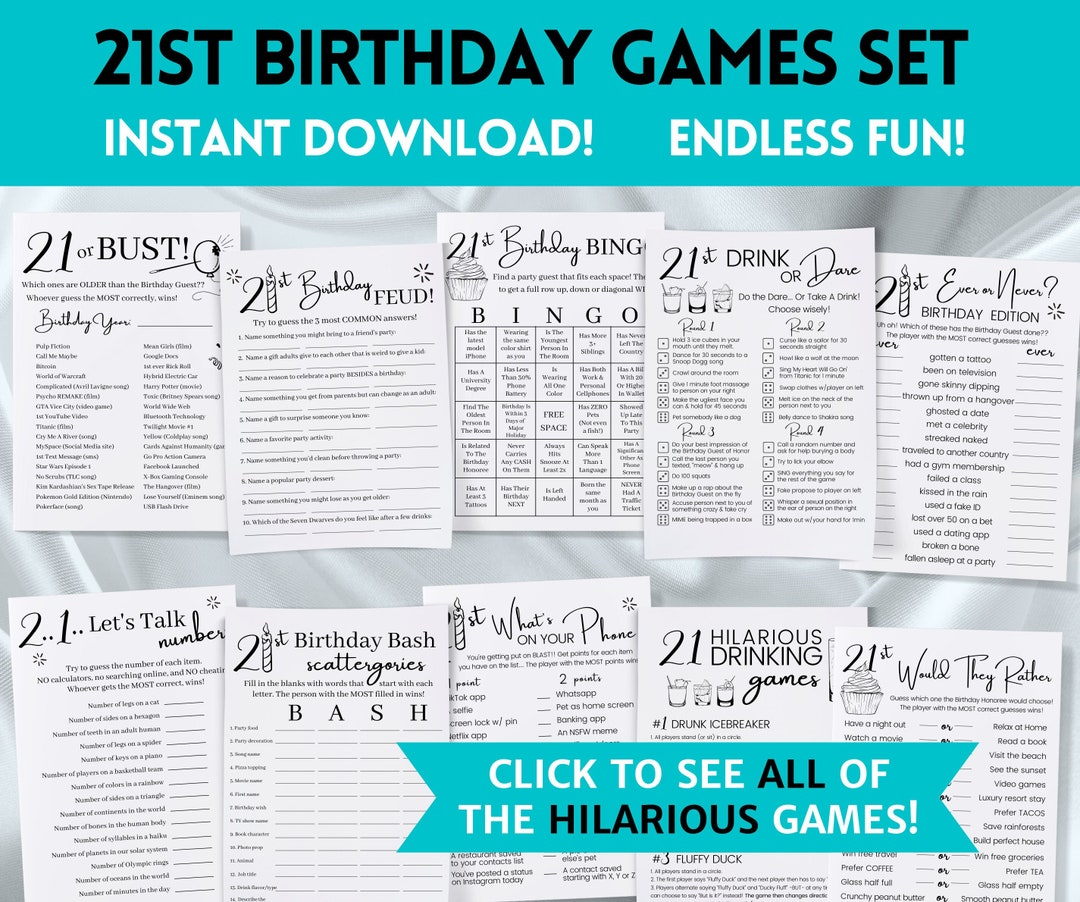21st BIRTHDAY GAMES Bundle | Printable Party Games, 21st Birthday Party ...