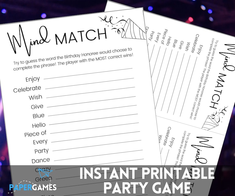 Fun Mind Match Birthday Game: Printable Adult Party Game (PDF, PNG, JPG ...