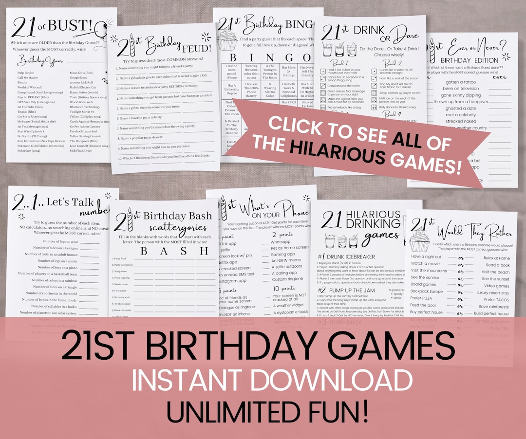 21st BIRTHDAY GAMES Bundle Printable Party Games, 21st Birthday Party ...