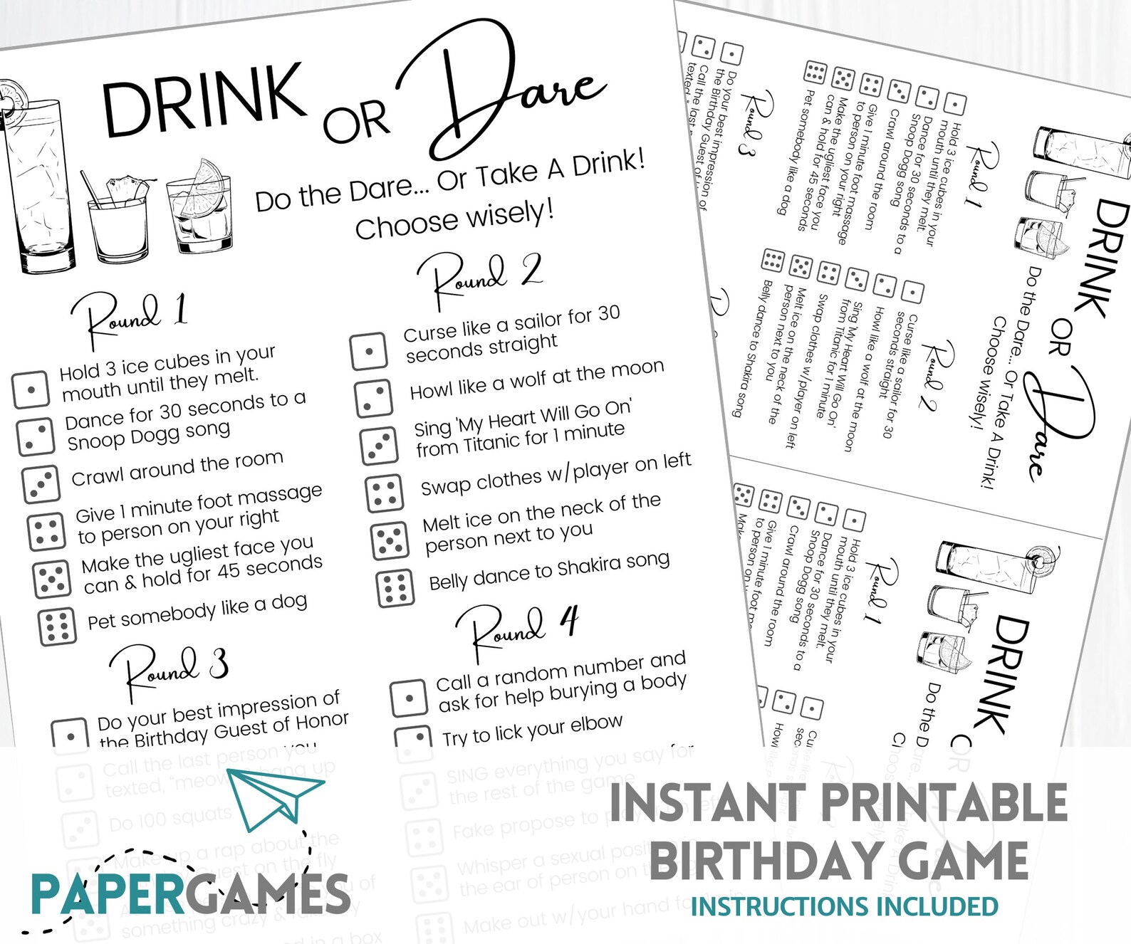 Drink or Dare Printable Birthday Party Game | Drinking Party Game ...