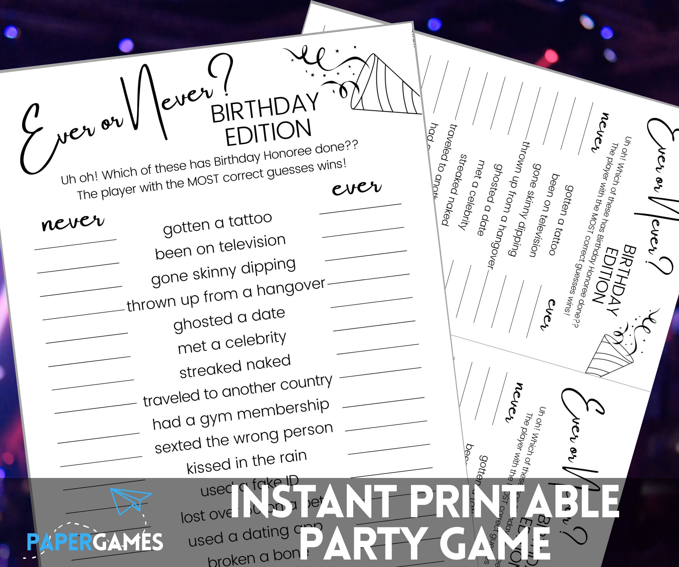 FUN Ever or Never Birthday Game | Printable Party Games, Adult Games ...