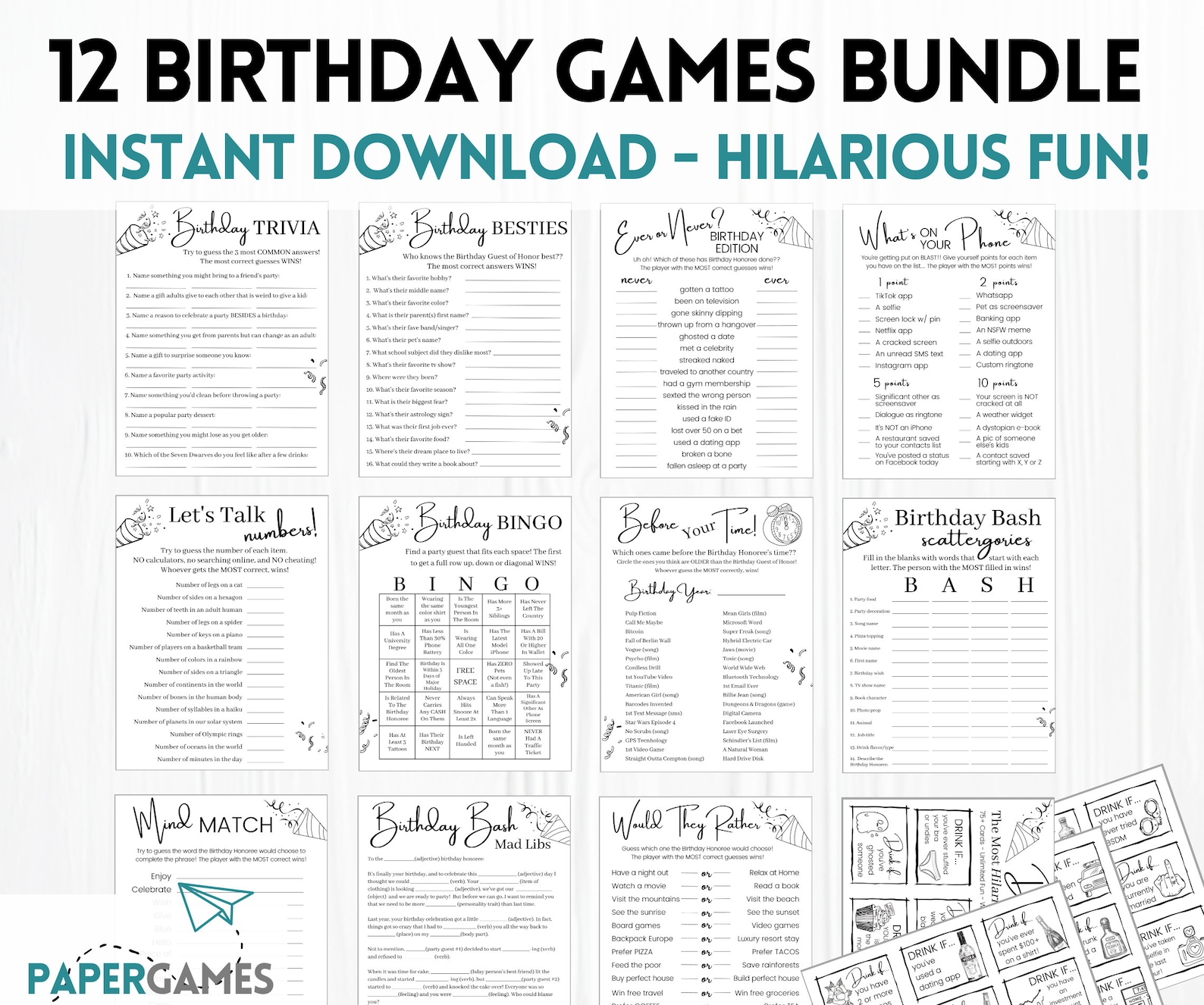 HILARIOUS BIRTHDAY GAMES Bundle Printable Party Game, Adult Games ...