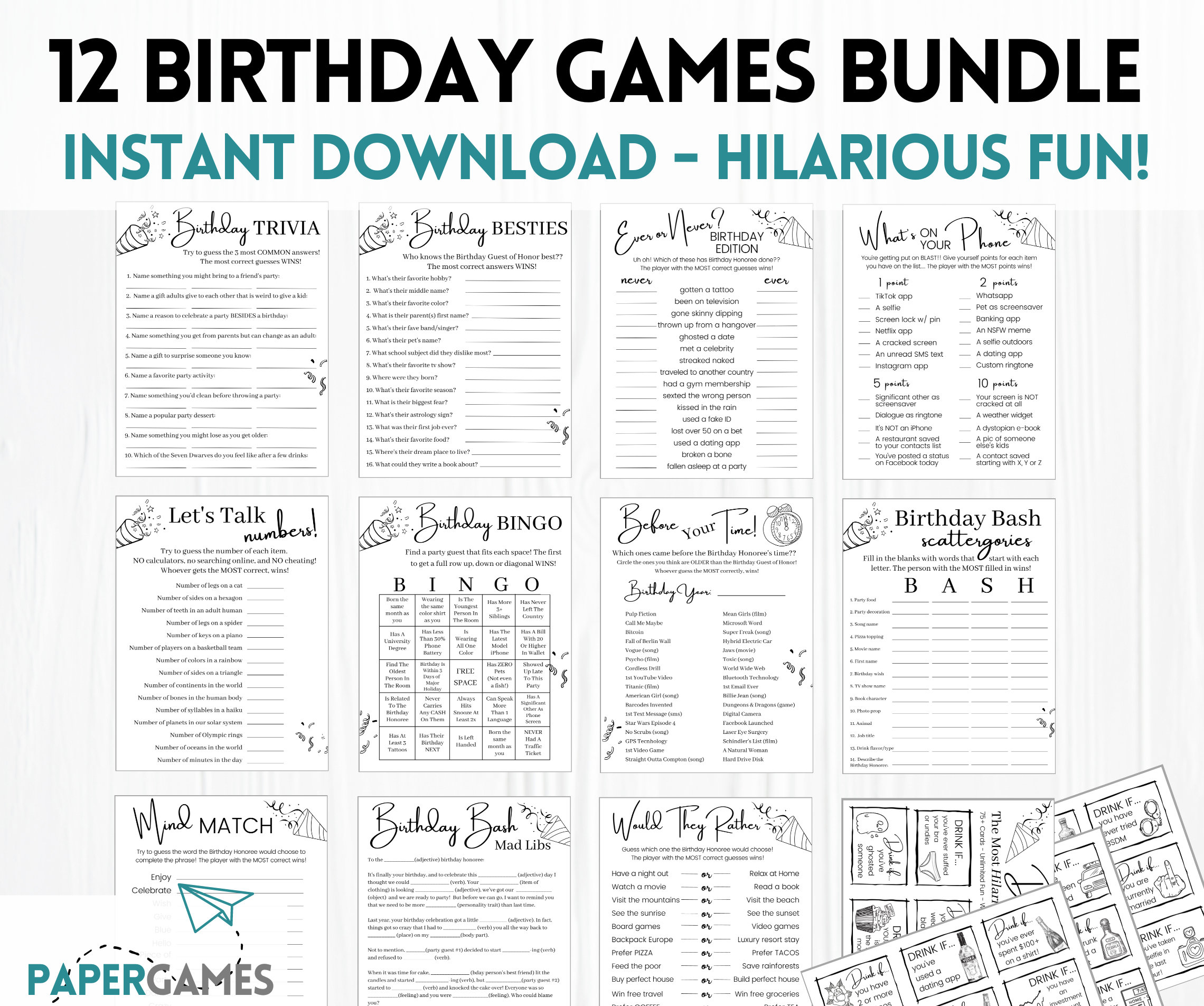 HILARIOUS BIRTHDAY GAMES Bundle Printable Party Game, Adult Games ...
