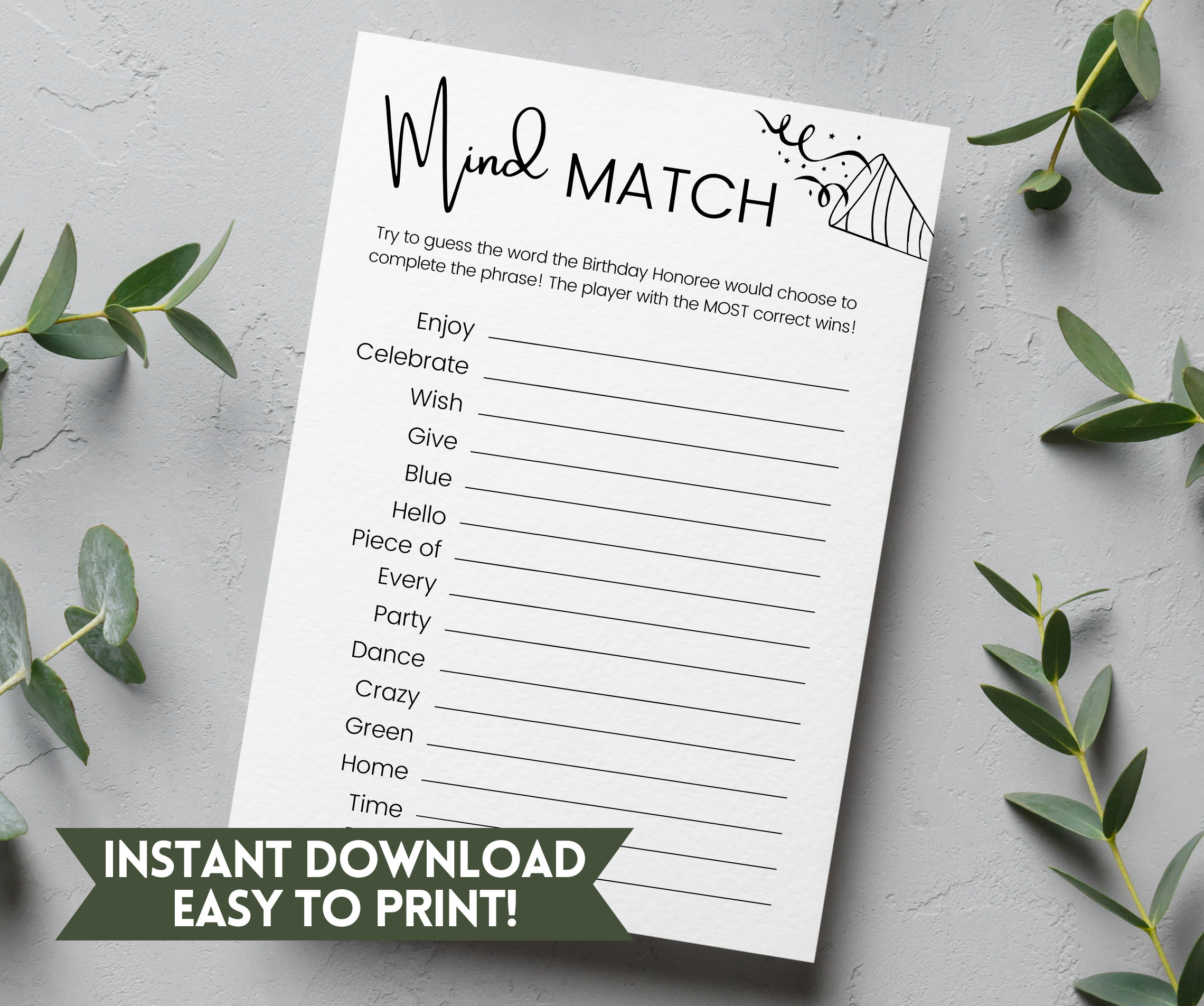 Fun Mind Match Birthday Game: Printable Adult Party Game (PDF, PNG, JPG ...