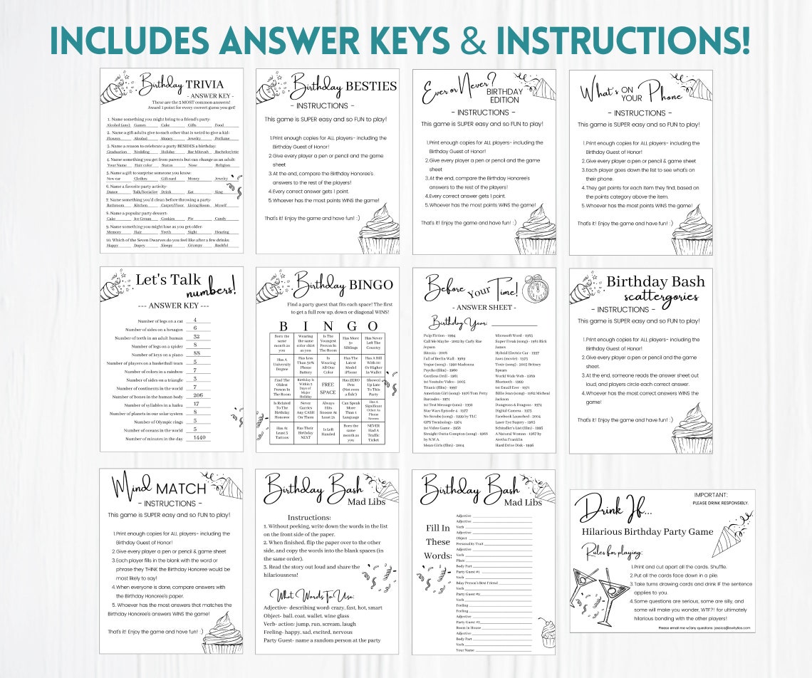 12 Epic Birthday Games Bundle Printable Party Games, Adult Games ...