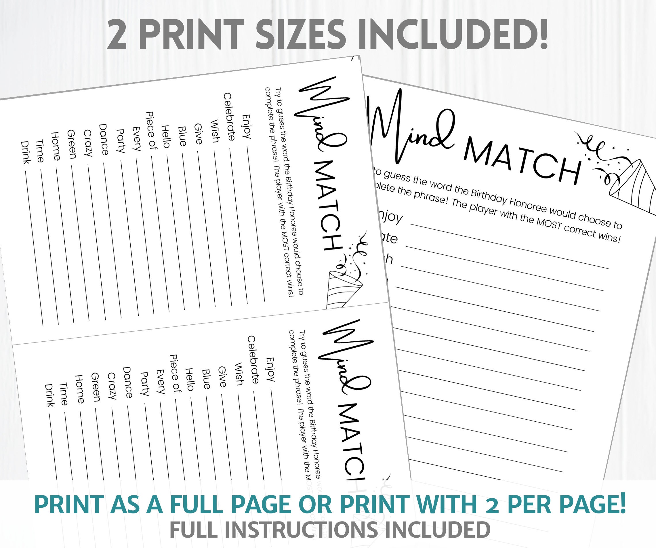 Fun Mind Match Birthday Game Printable Party Games Adult - Etsy