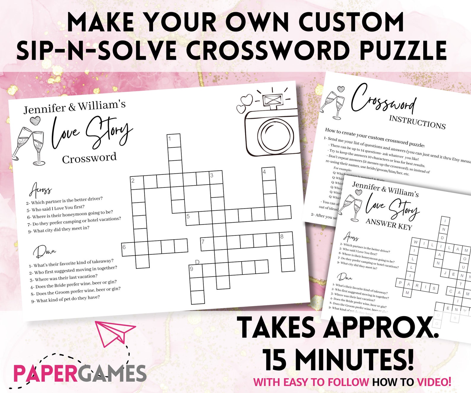 DIY Custom Wedding Crossword Puzzle | Personalized Bridal Shower ...
