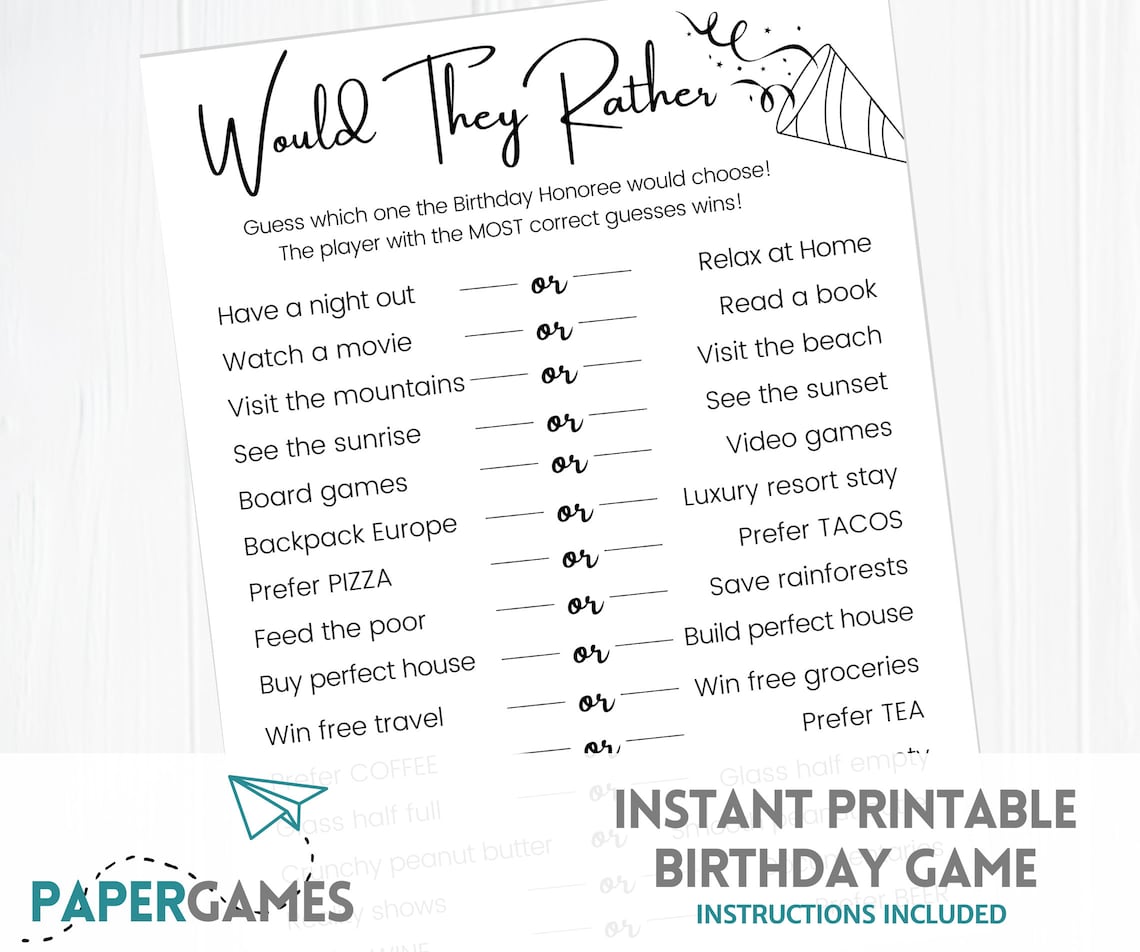 Would You Rather Birthday Game Printable Party Game, Adult Games ...