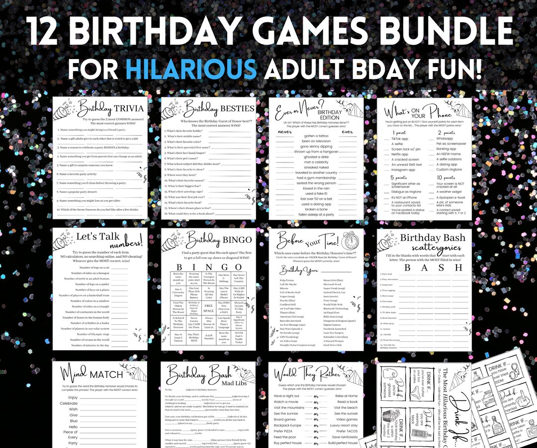 Ultimate 12 Birthday Game Bundle | Printable Party Game, Adult Games ...
