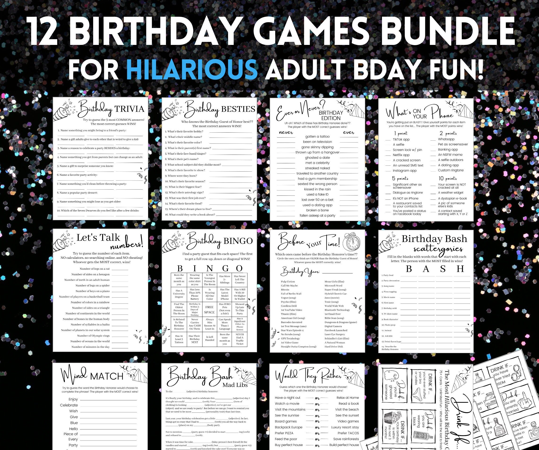 Ultimate 12 Birthday Game Bundle Printable Party Game, Adult Games ...
