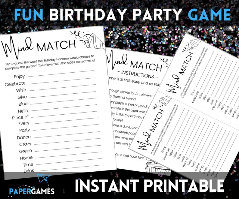 Fun Mind Match Birthday Game: Printable Adult Party Game (PDF, PNG, JPG ...