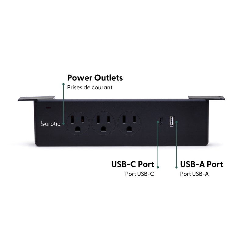 Under-desk Power Bar - 3 Power Outlets With USB-A and USB-C (black and ...