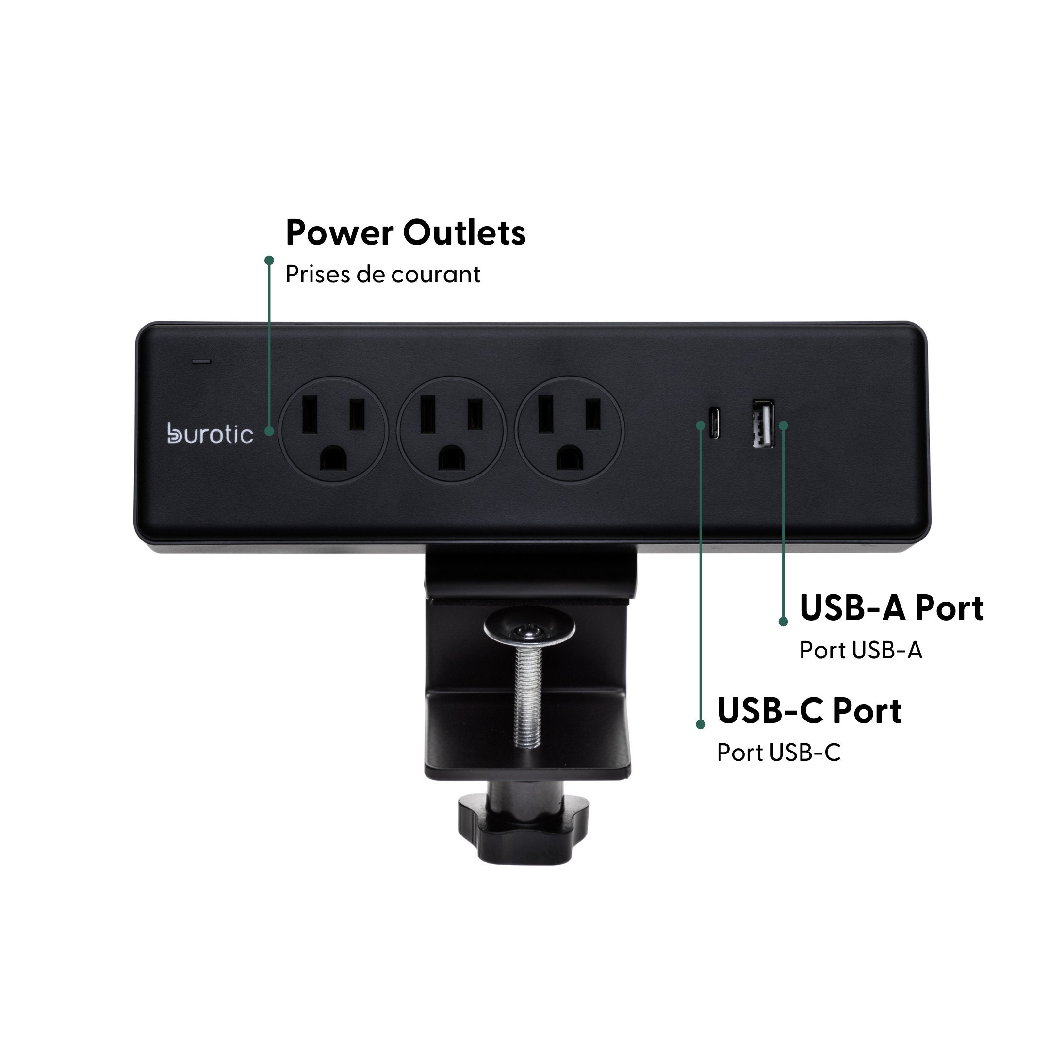 On-desk Power Bar 3 Power Outlets With USB-A and USB-C black and White ...