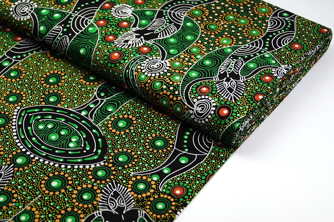 Cotton Fabric Dancing Spirit Green Ethno Fabric Green Printed Aborigine ...