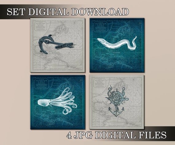 Anchor Electric Eel Swimming Octopus & Ship Wheel Set of 4 | Etsy