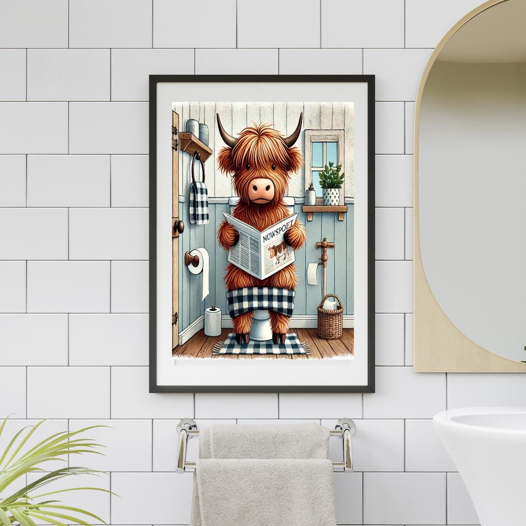 Highland Cow on the Loo Reading the News | Hilarious Bathroom Wall Art ...