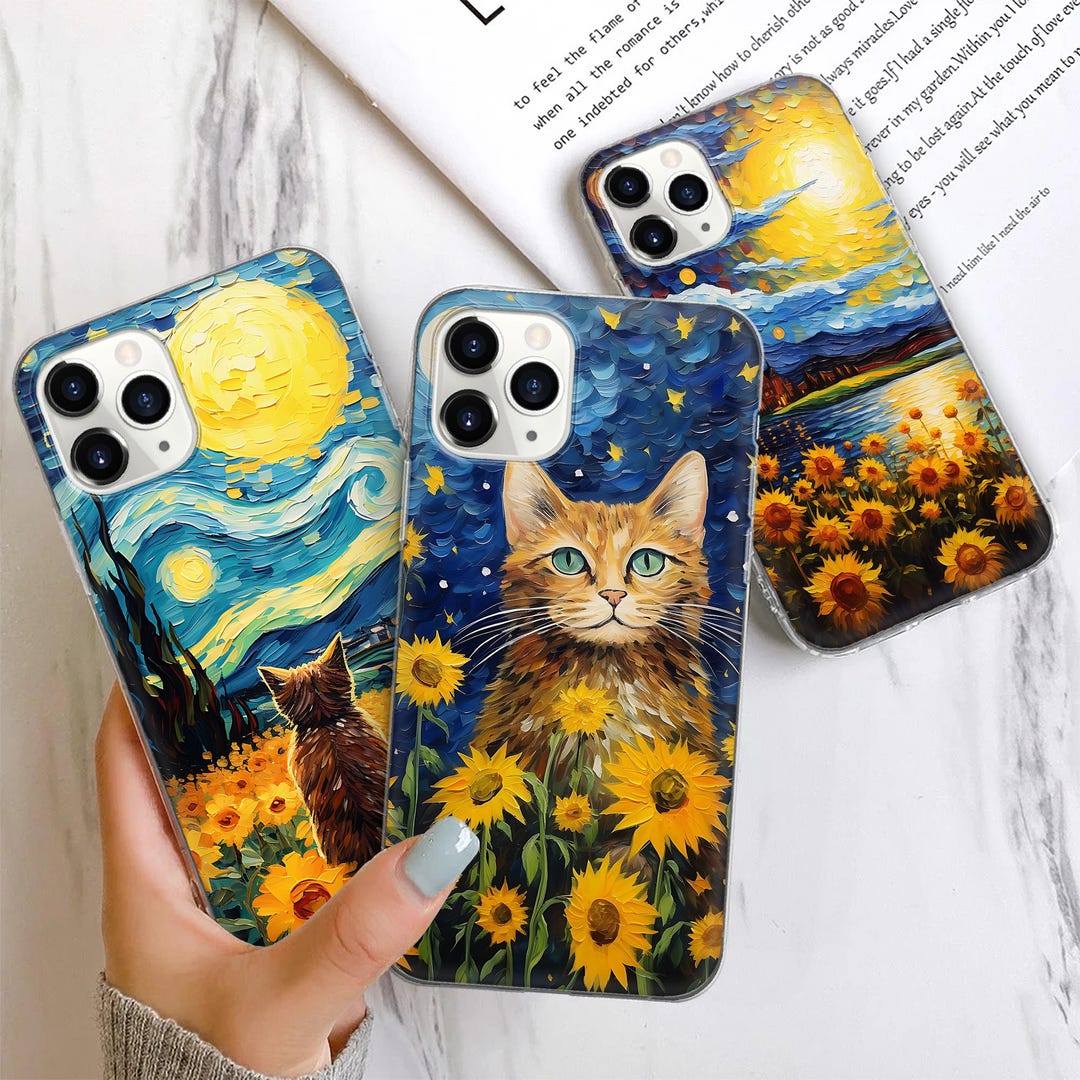 Cute Cat Phone Case Van Gogh Cover Fit for iPhone 16 15 14 13 12 11 Pro ...