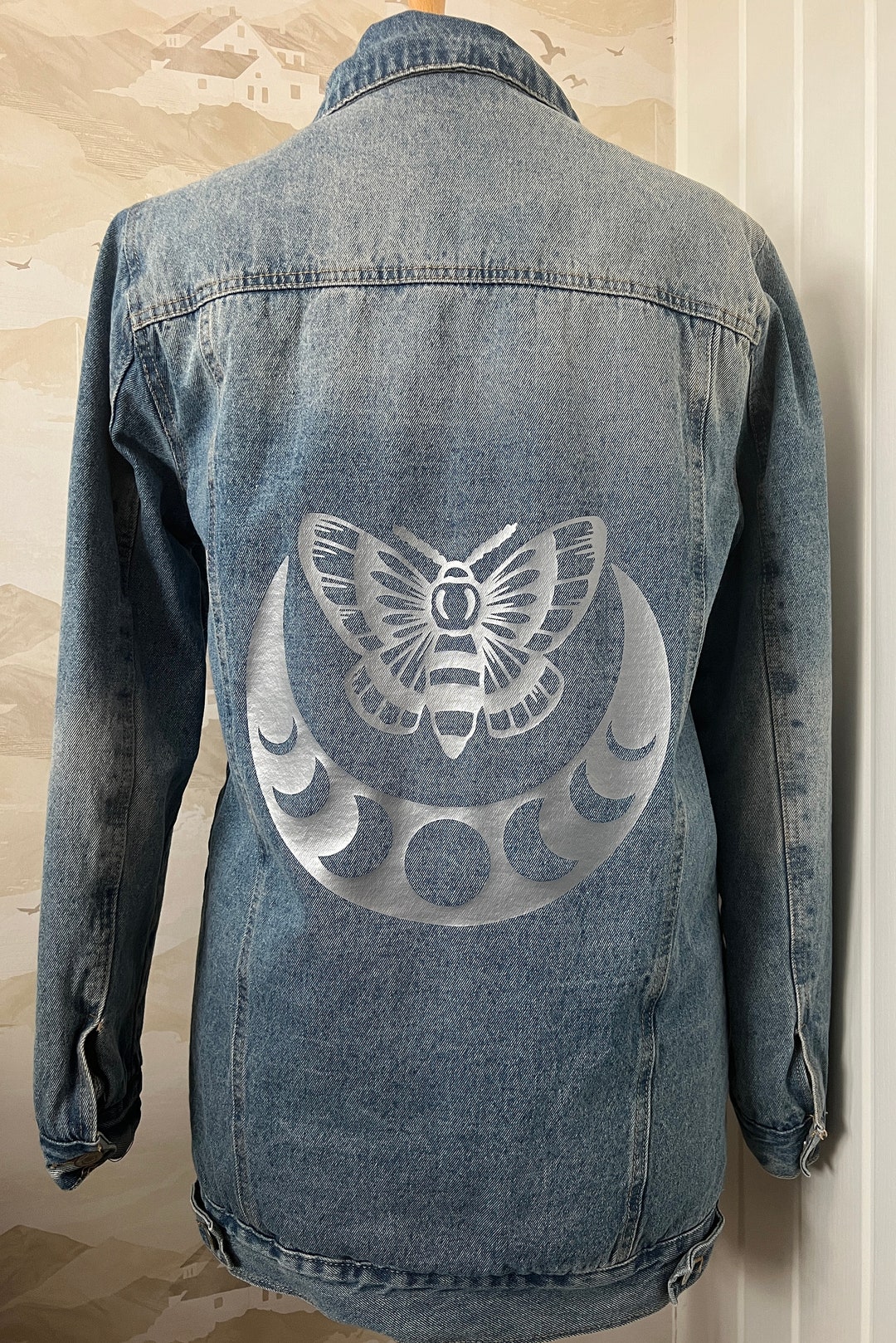 Silver Moth Moon Phases Up-cycled Denim Jacket. Repurposed. Celestial ...