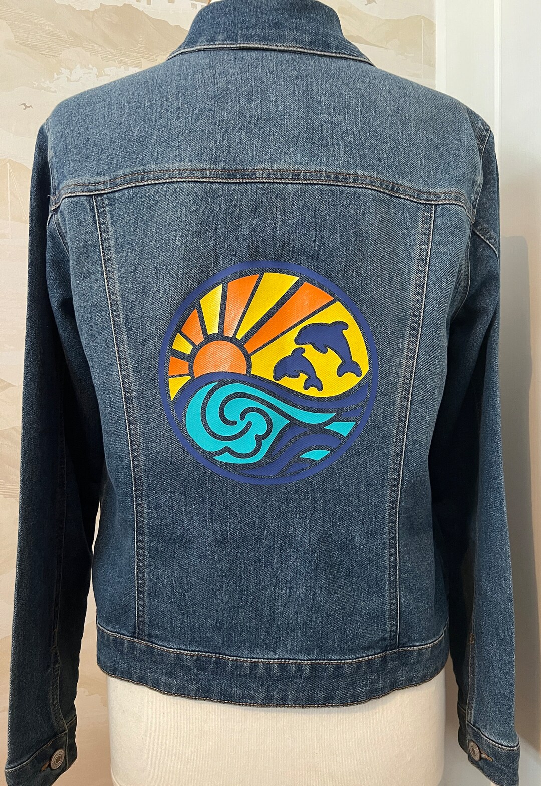 Up-cycled Denim Jacket With Dolphins, Waves and Sunshine Printed to the ...