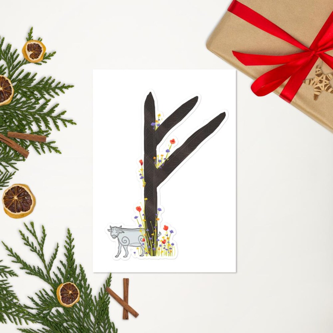 Fehu Rune Big Sticker Sheet With Scandinavian Flowers and Cow in Urnes ...