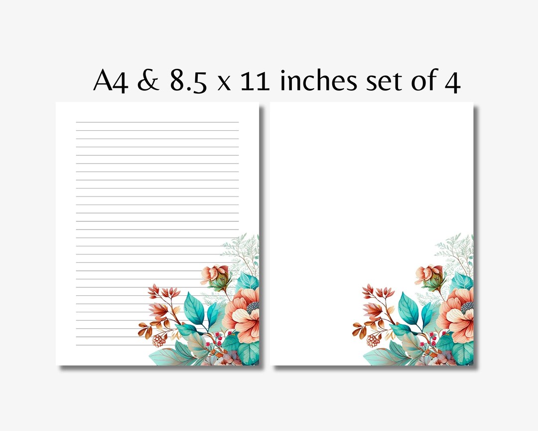 Printable Stationery Floral Watercolor Set of 4, Lined & Unlined Pages ...