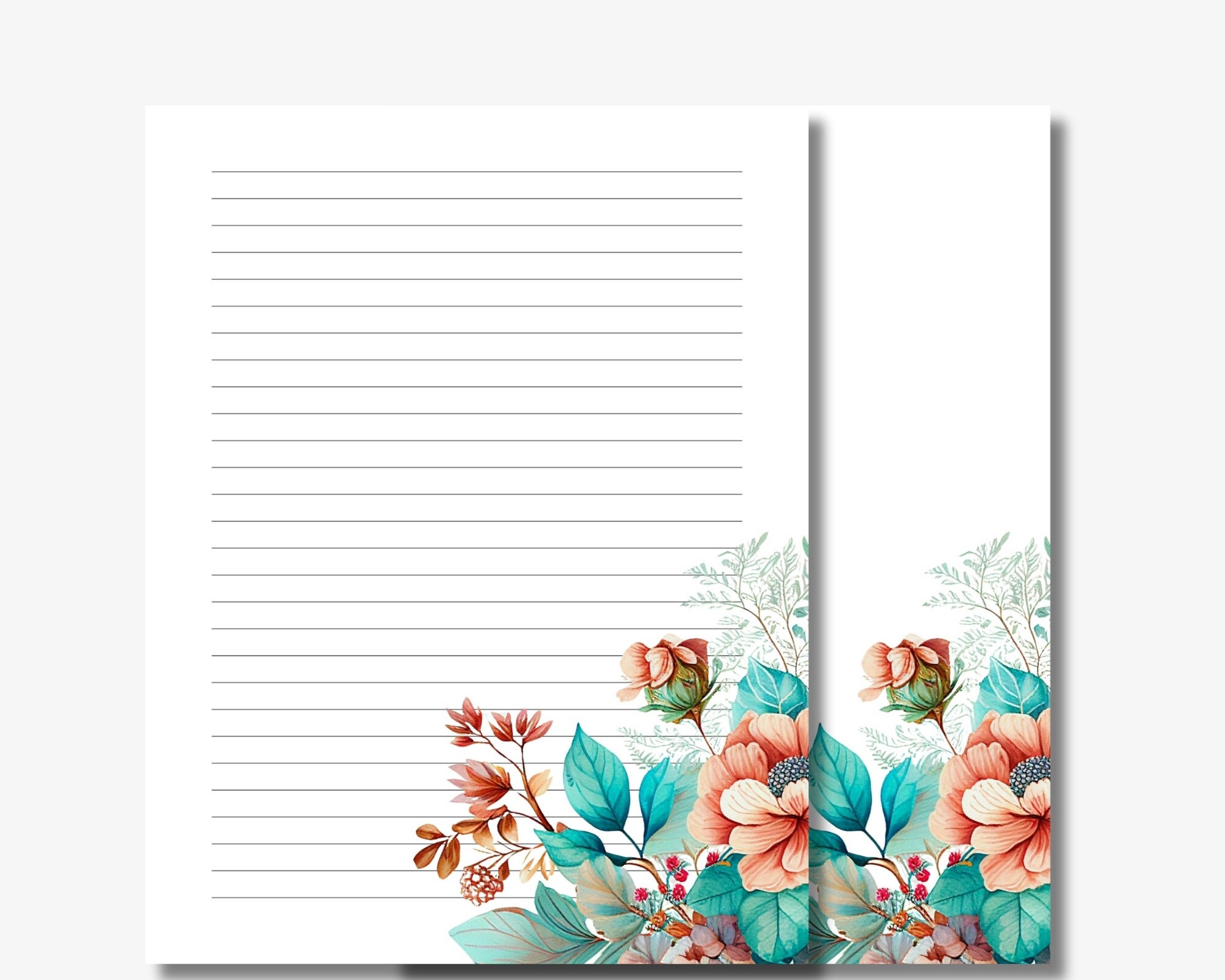 Printable Stationery Floral Watercolor Set of 4, Lined & Unlined Pages ...