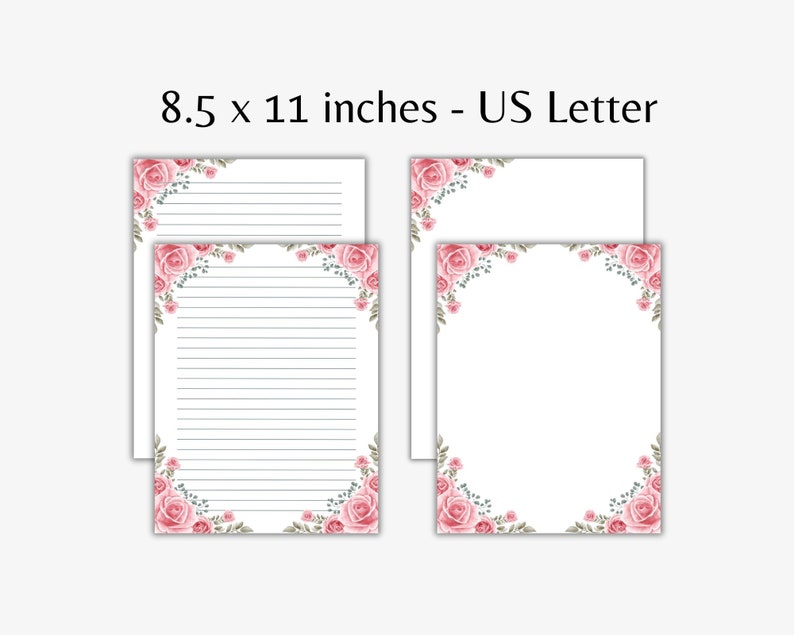 Printable Stationery Set of 4 US Letter Size Pink Floral Stationery ...