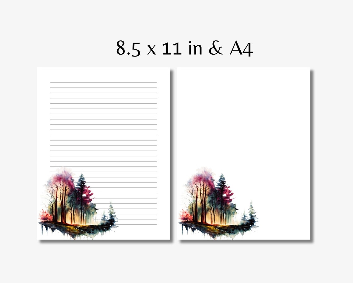 Printable Watercolor Tree Stationery Set of 4, US Letter & A4, Writing ...