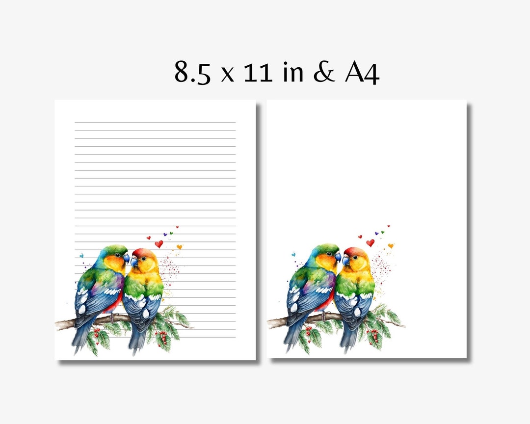 Parrot Couple Stationery Set of 4, A4 and 8.5 X 11 in Pdfs Lined ...