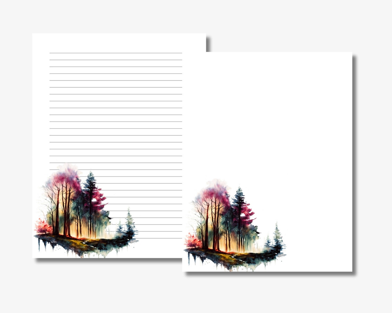 Printable Watercolor Tree Stationery Set of 4, US Letter & A4, Writing ...