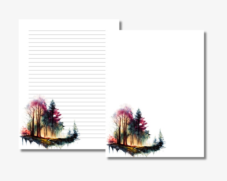Printable Watercolor Tree Stationery Set of 4, US Letter & A4, Writing ...