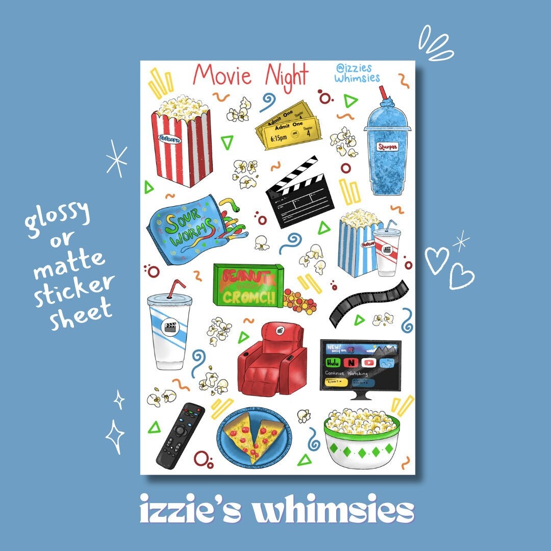 Movie Night Sticker Sheet | Journal Stickers, Bujo, Planner, Movie ...