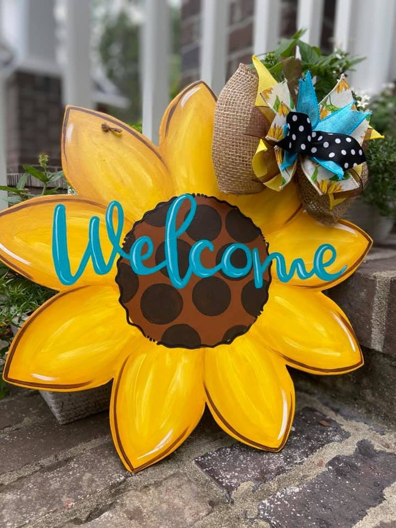 Sunflower Wood Door Hanger Welcome Sign - Etsy