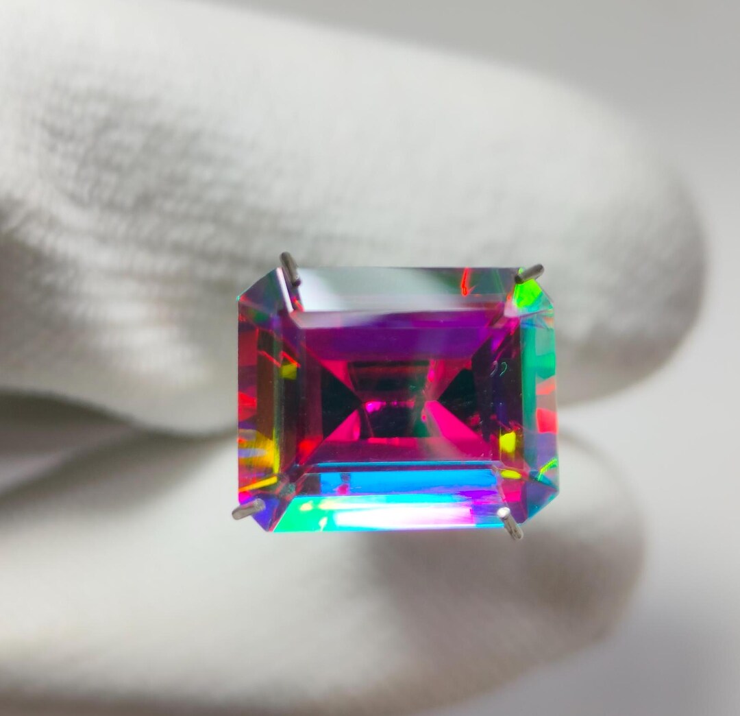 Rainbow Mystic Topaz Gemstone: Faceted Rectangle, 5.35 Ct (12X10X6.5MM ...