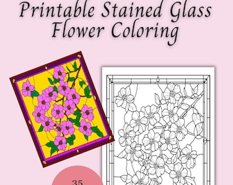 100 Stained Glass Flower Coloring Pages for Children and Adults/digital ...