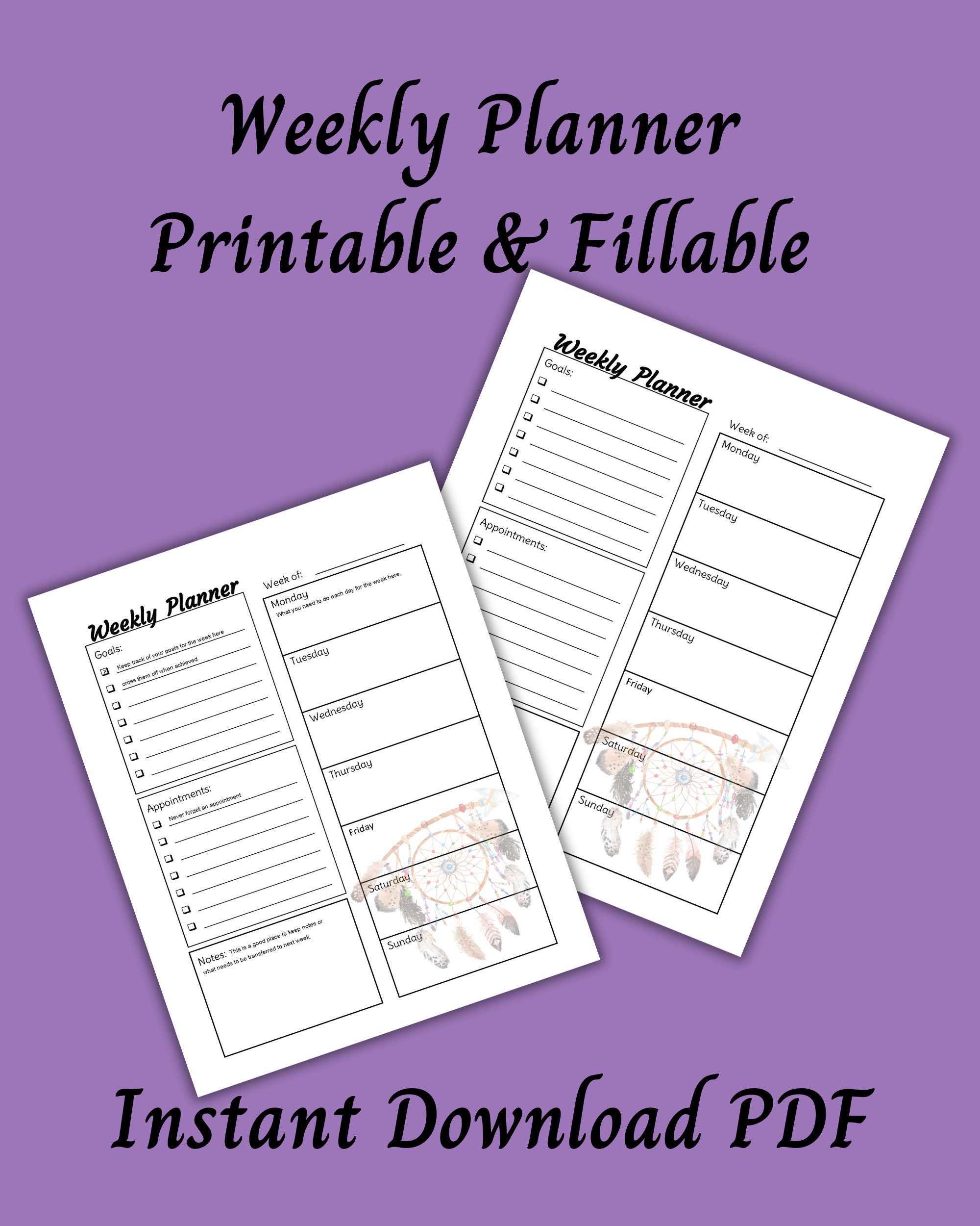 Printable Weekly Planner, Printable and Fillable, Instant Download PDF ...