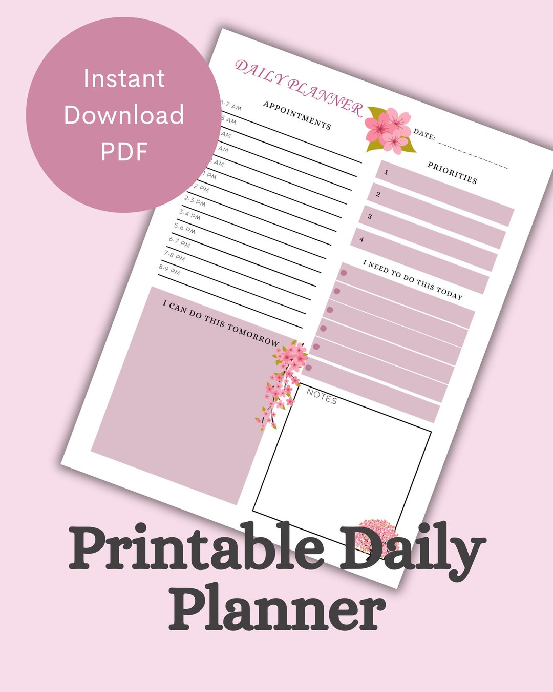 Printable Daily Planner, Cherry Blossom Theme, Instant Download PDF - Etsy