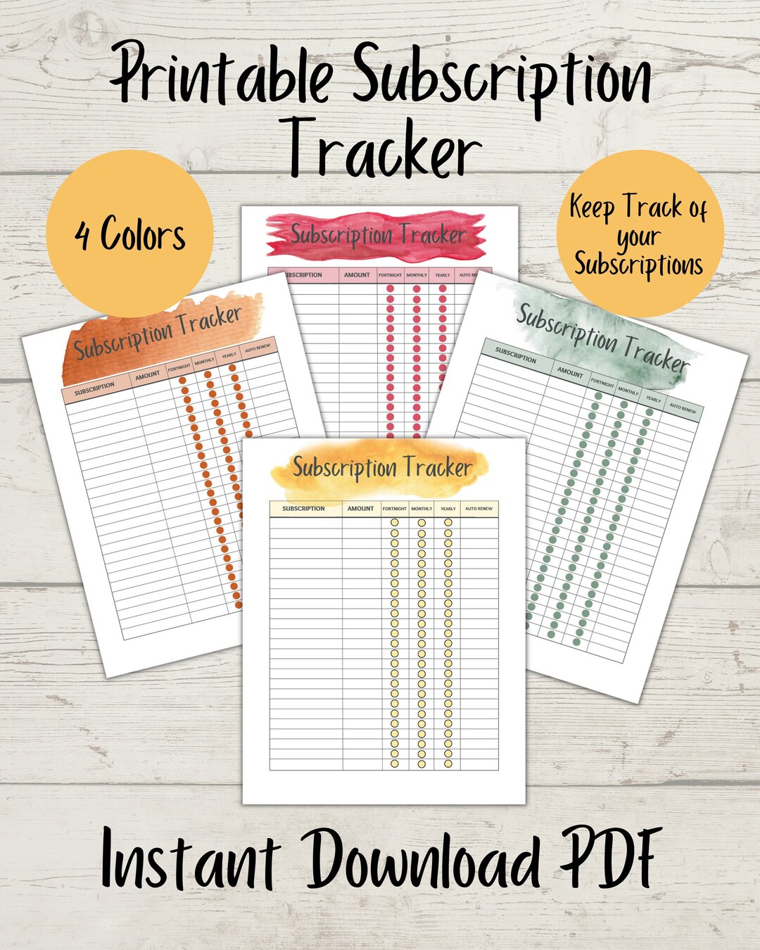 Printable Subscription Tracker, Multiple Colors, Instant Download PDF ...