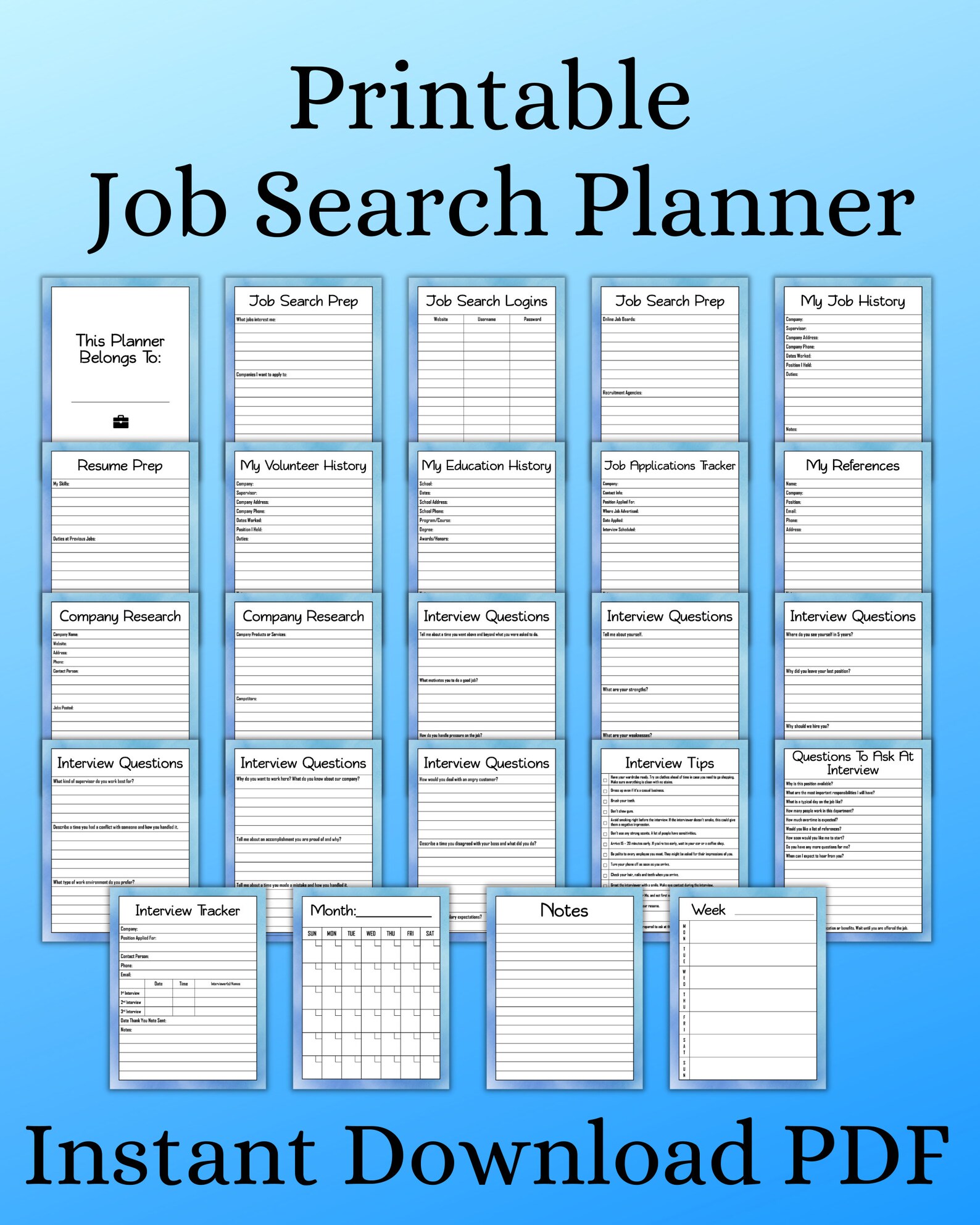 Printable Job Search Planner, Employment Preparation, Instant Download ...