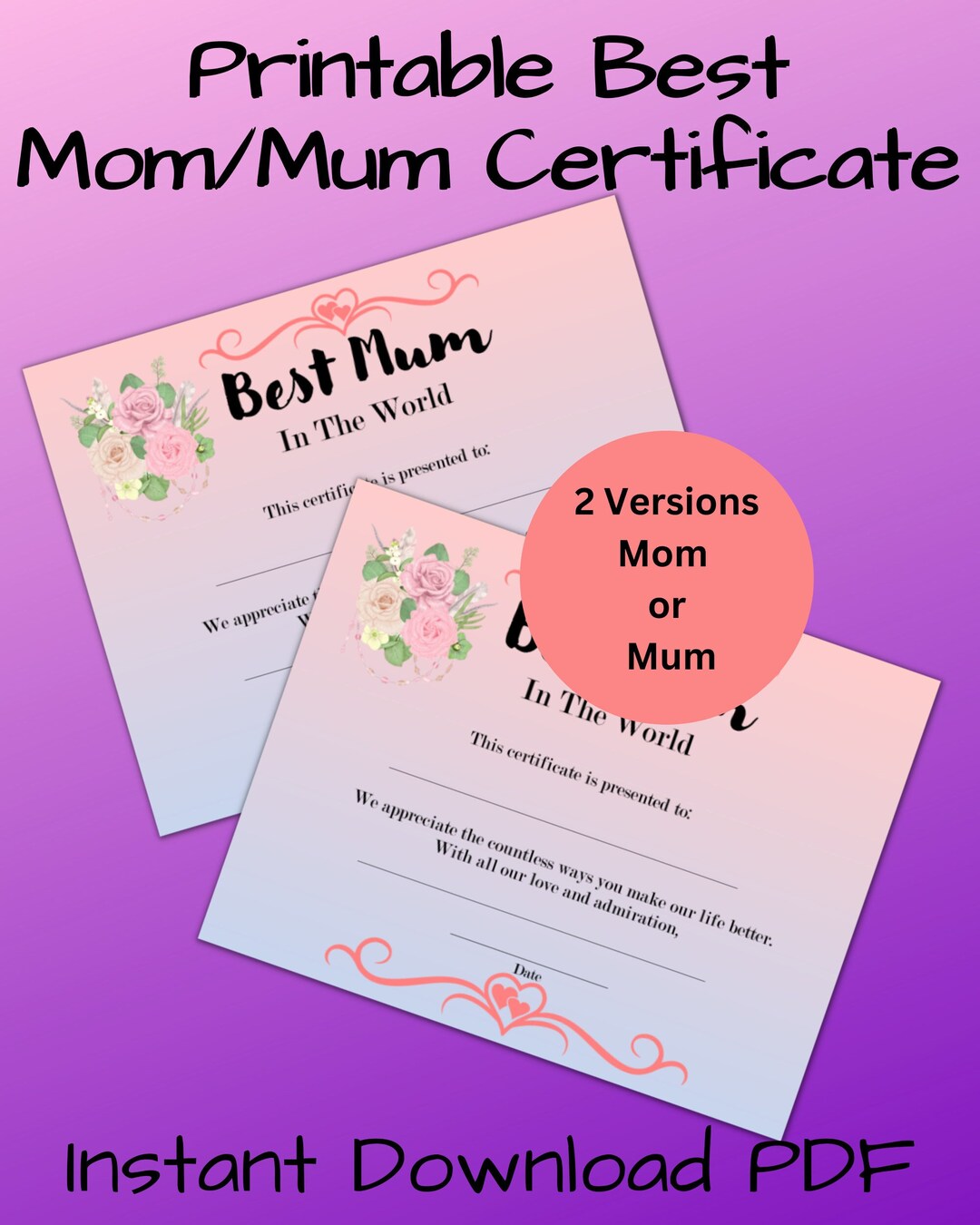Printable Best Mom/mum in the World Certificate, Happy Mother's Day ...