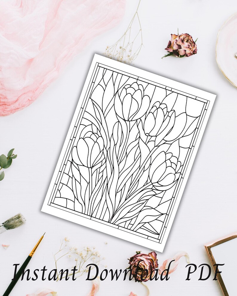 Printable Stained Glass Flowers Coloring Pages, Instant Download PDF - Etsy