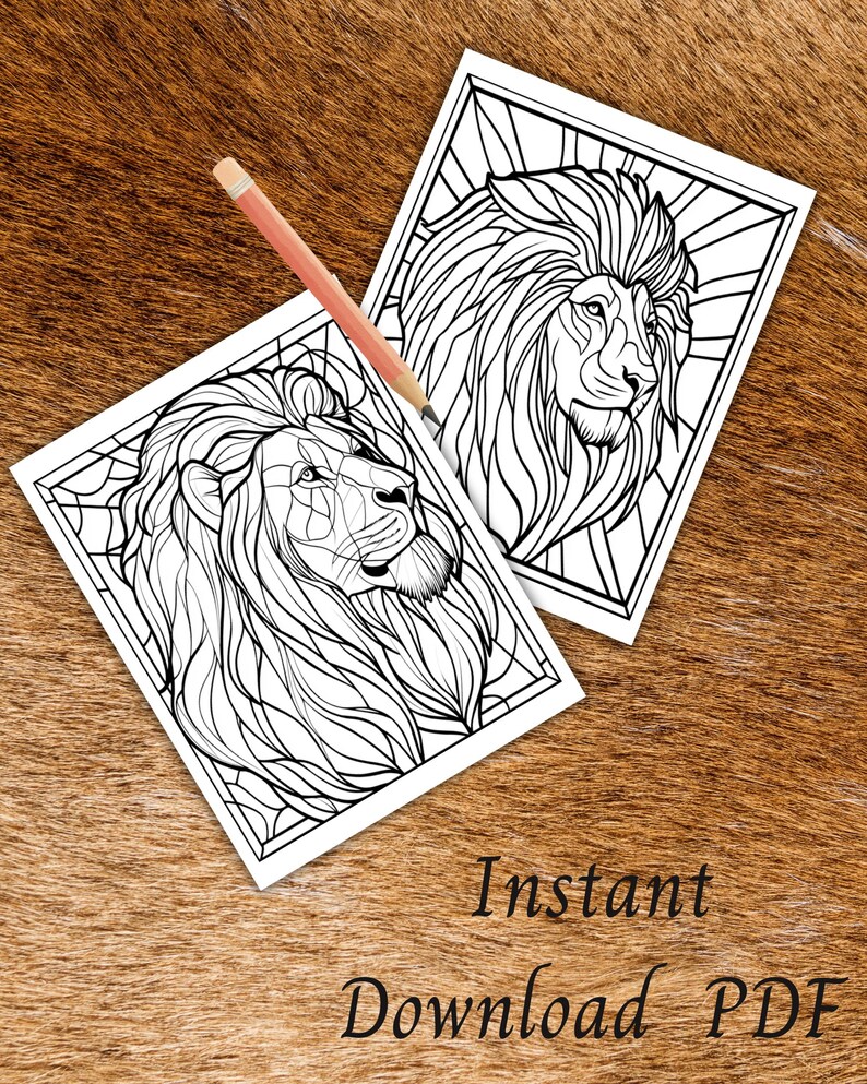 Printable Stained Glass Lions Tigers Coloring Pages, Instant Download ...