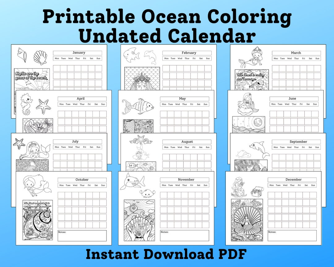 Printable 12 Month Undated Planner, Seashell/ocean Coloring Theme ...