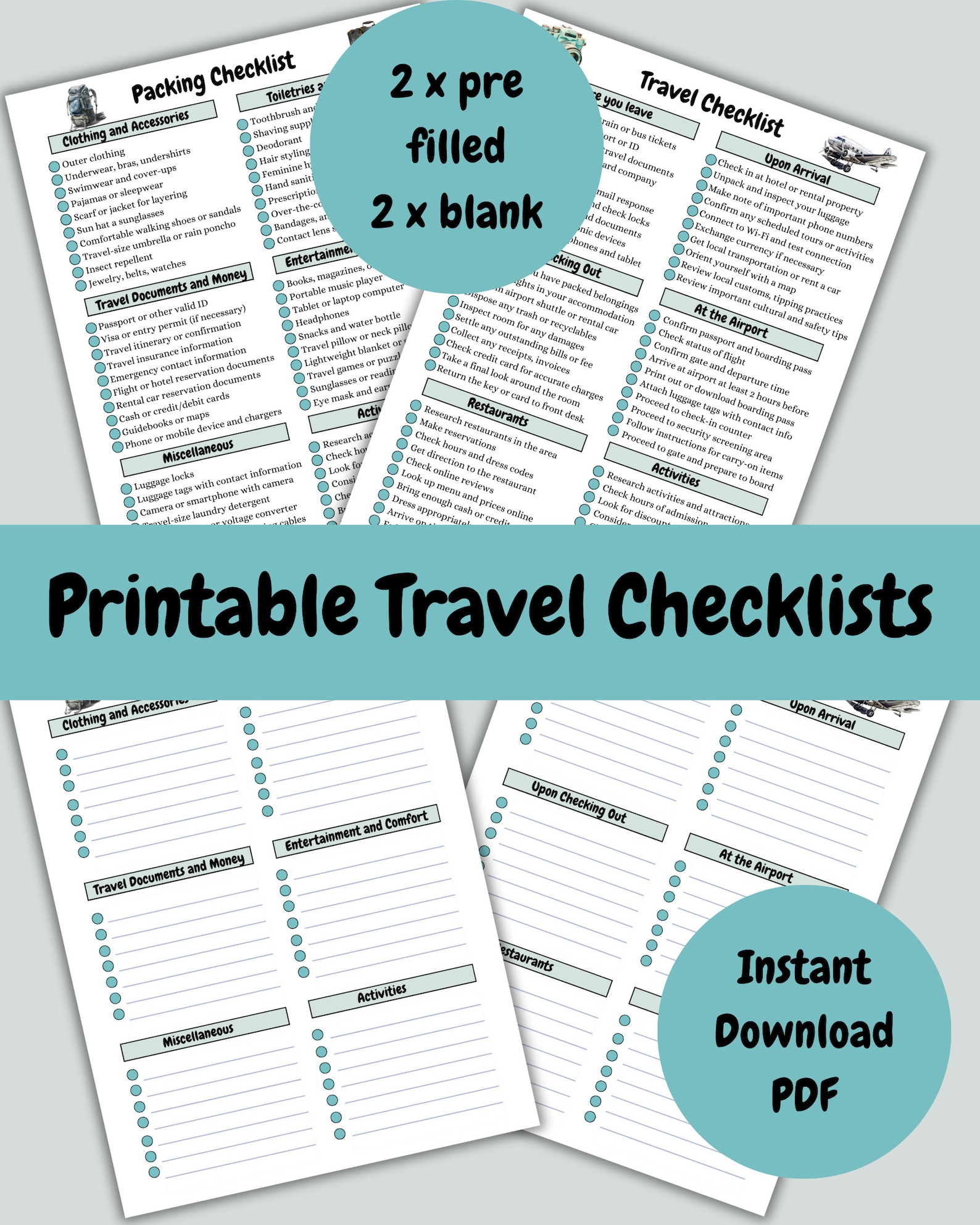 Printable Travel Checklist, Packing List, Prefilled and Blank, Holiday ...