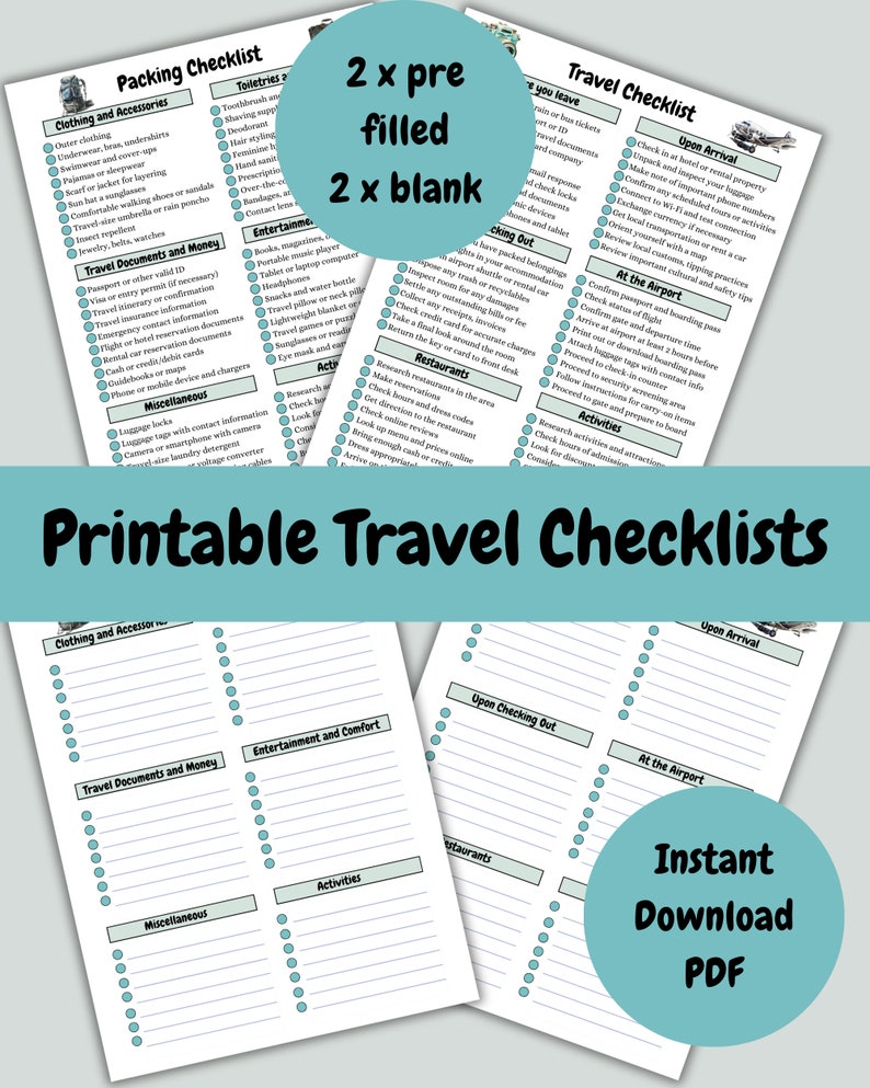 Printable Travel Checklist, Packing List, Prefilled and Blank, Holiday ...