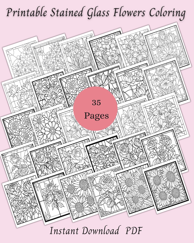 Printable Stained Glass Flowers Coloring Pages, Instant Download PDF - Etsy