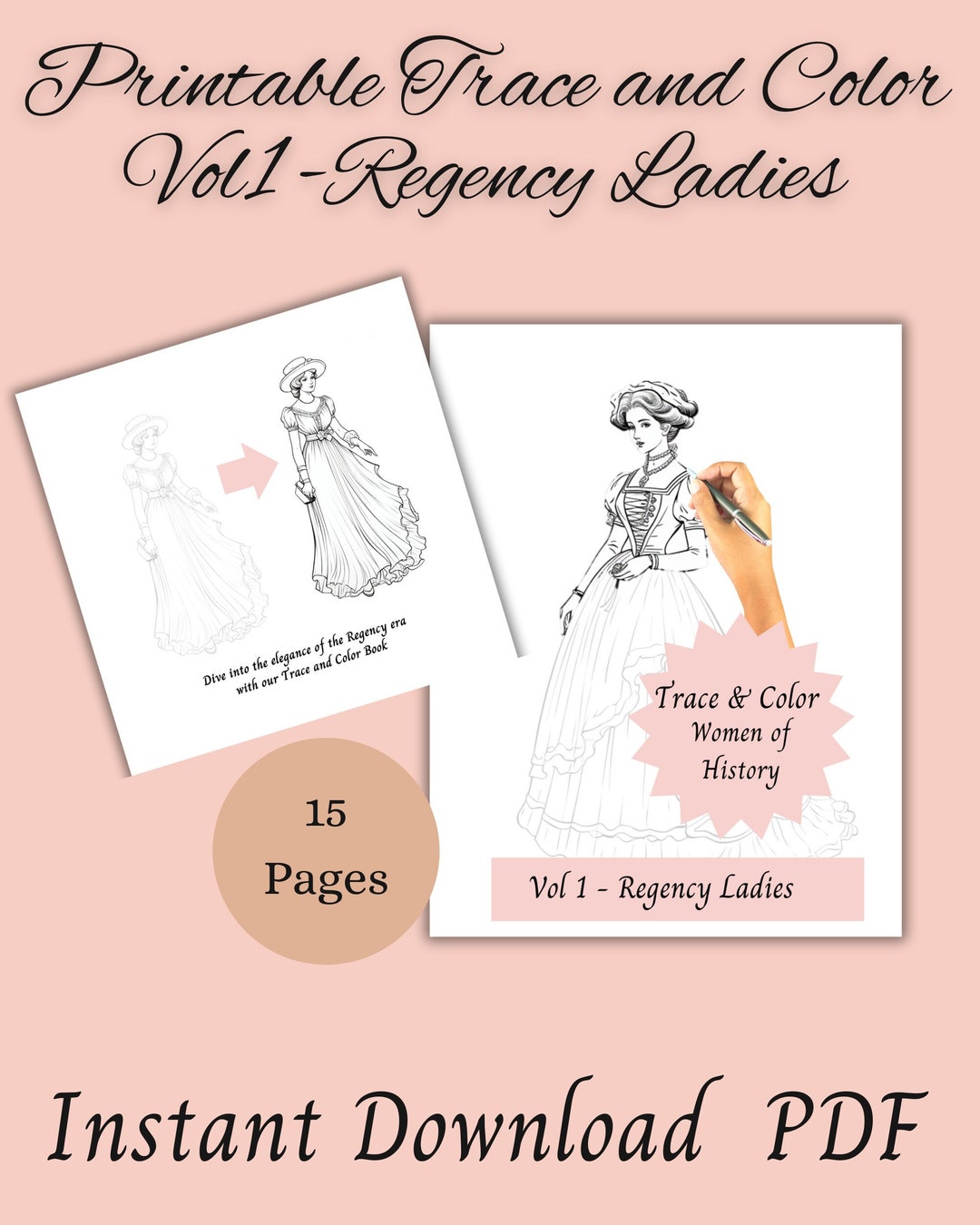 Printable Trace and Color, Regency Ladies Coloring Pages, Instant ...