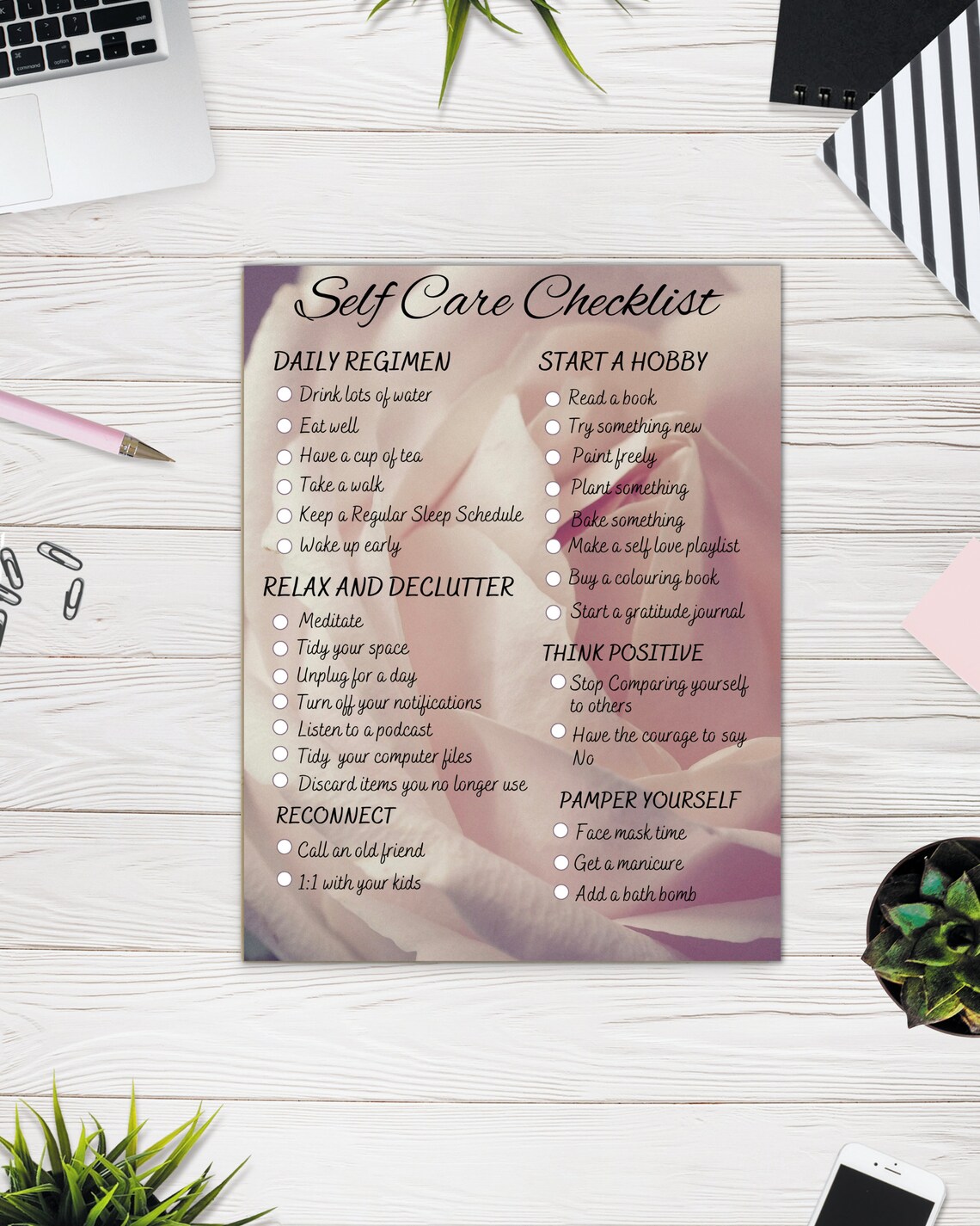 Printable Self Care Checklist, One Page Planner, Instant Download PDF ...