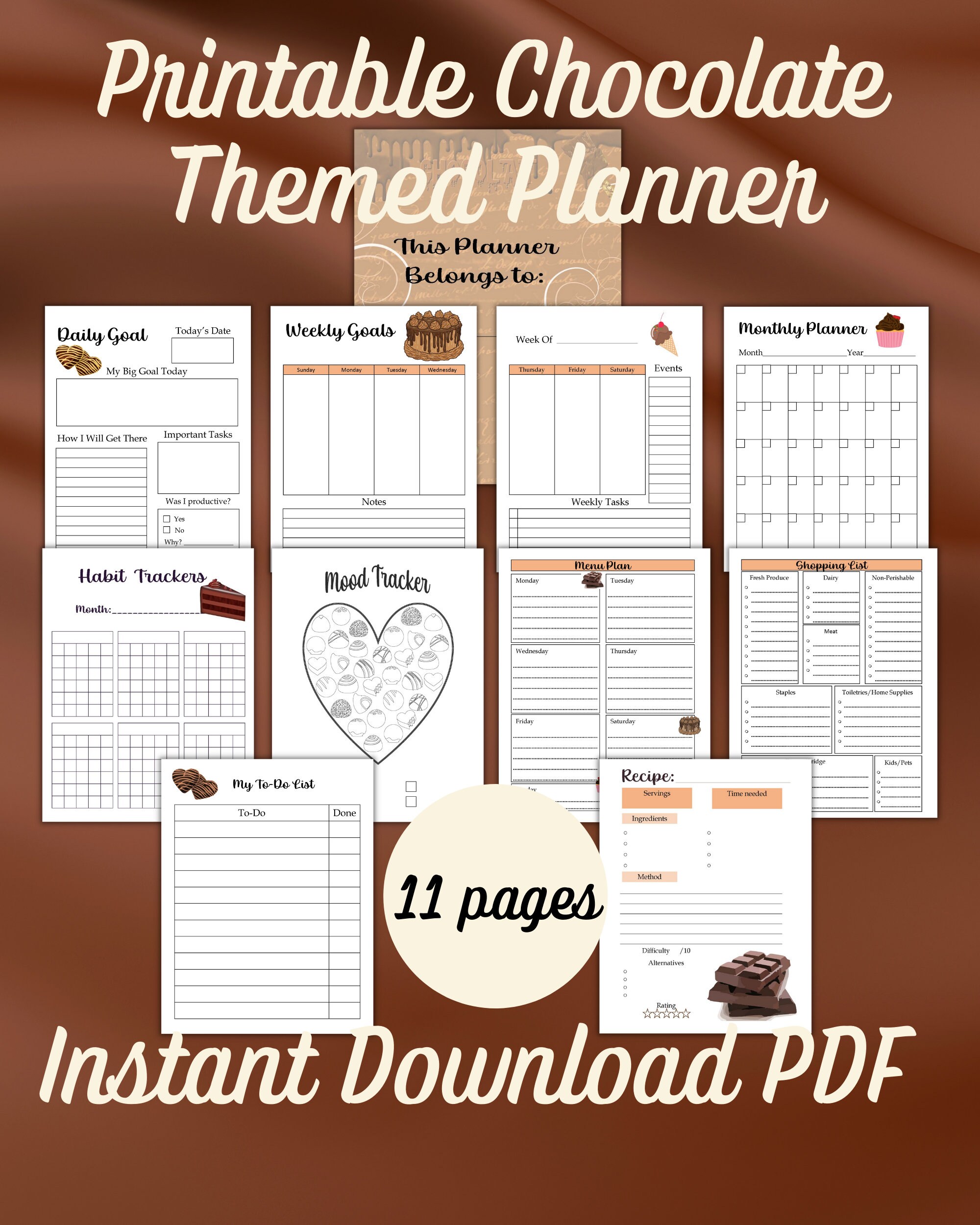 Printable Chocolate Theme Planner; Undated Daily, Weekly, Monthly ...