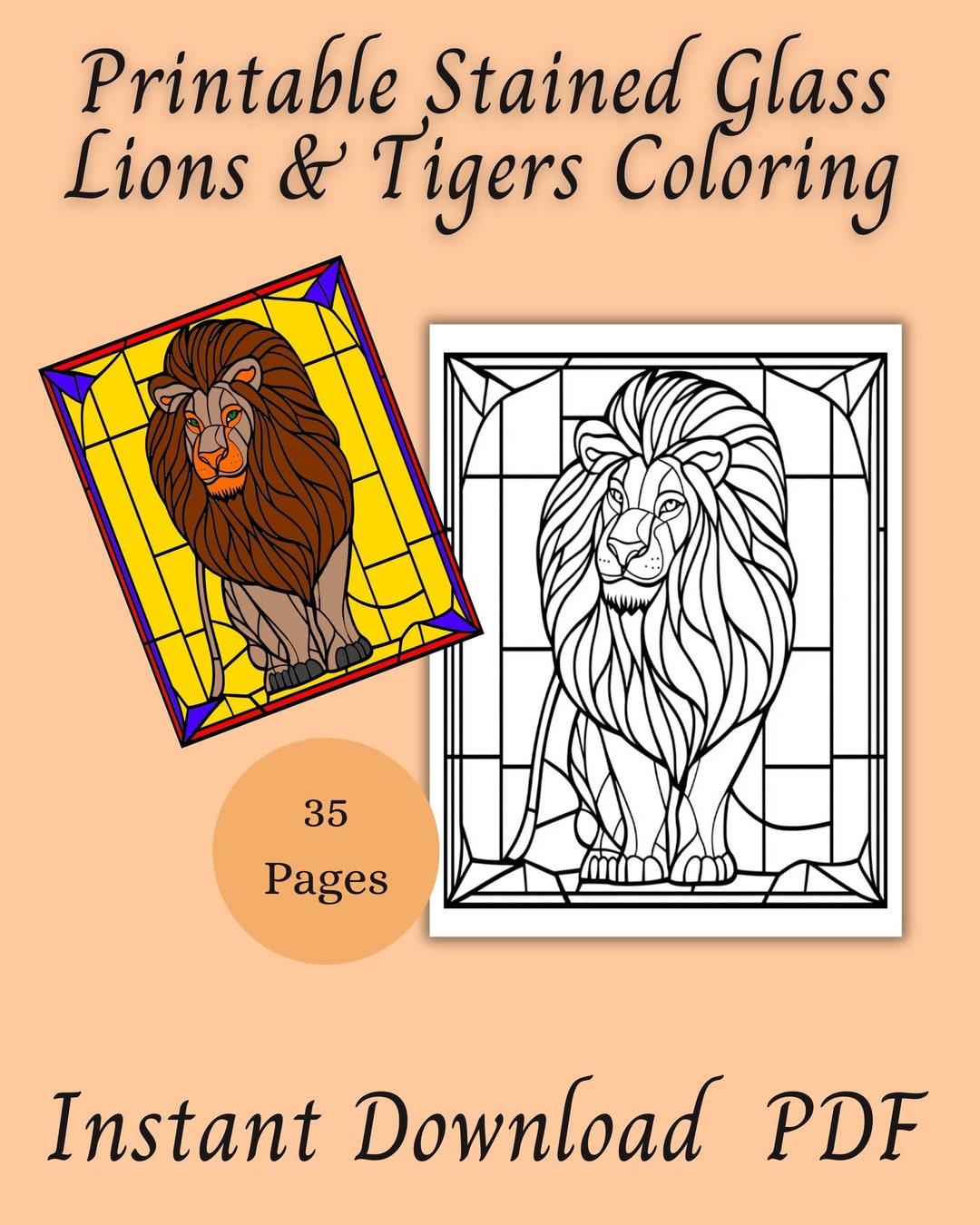 Printable Stained Glass Lions Tigers Coloring Pages, Instant Download ...